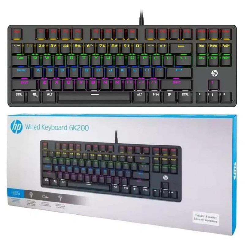 Teclado Gamer HP GK200 Mecanico Switch Blue RGB Lineal Español Color Negro